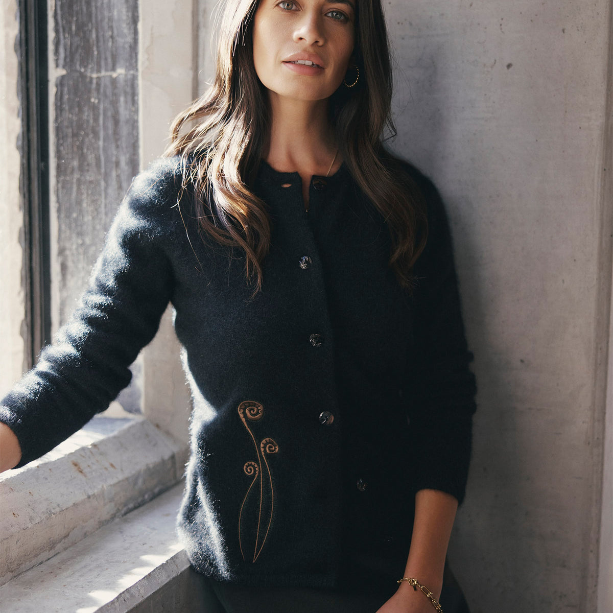 Frond Cardi | Embroidered Crew Neck Cardigan | NZ Made Merino Possum ...